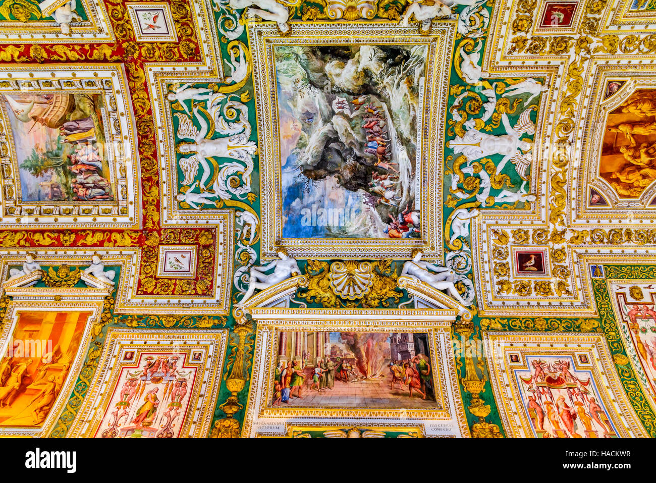 Rome, Italy. Paintings on the walls and the ceiling in the Gallery of Maps, at the Vatican ...