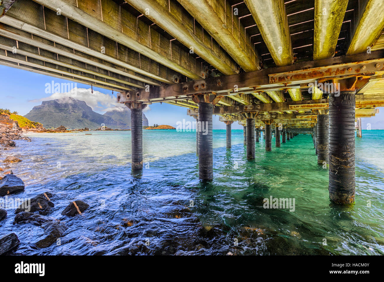 View over Mt Gower and Mt Lidgbird from underneath the jetty, Lord Howe ...