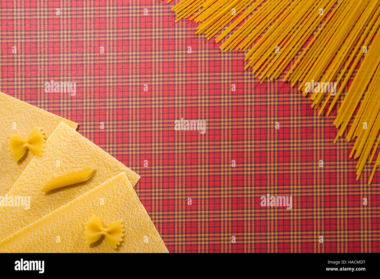 Lasagne sheets, spaghetti and different pasta background. Flat lay. Top ...