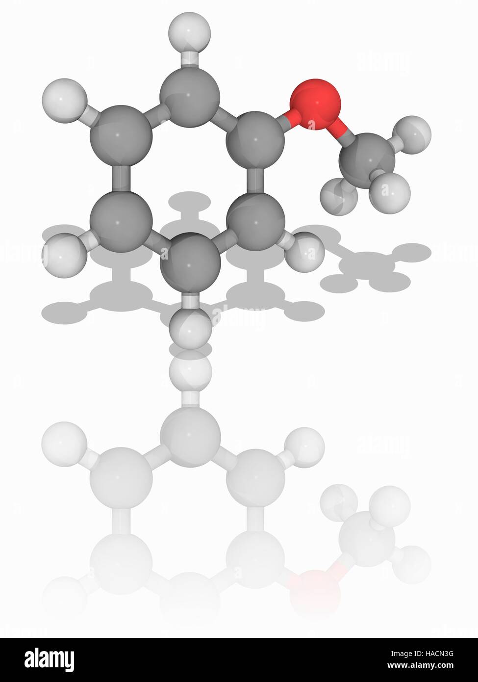 Anisole. Molecular model of the organic compound anisole (C7.H8.O), an ether that is a ...
