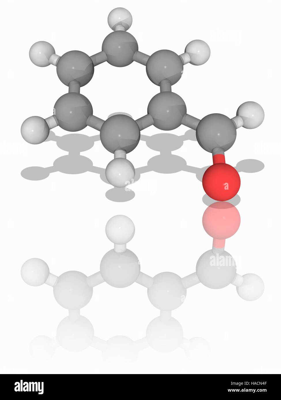 Benzaldehyde. Molecular model of the aromatic aldehyde known as ...