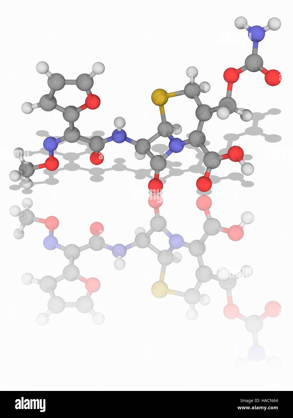 Cefuroxime. Molecular model of the antibiotic drug cefuroxime (C16.H16 ...
