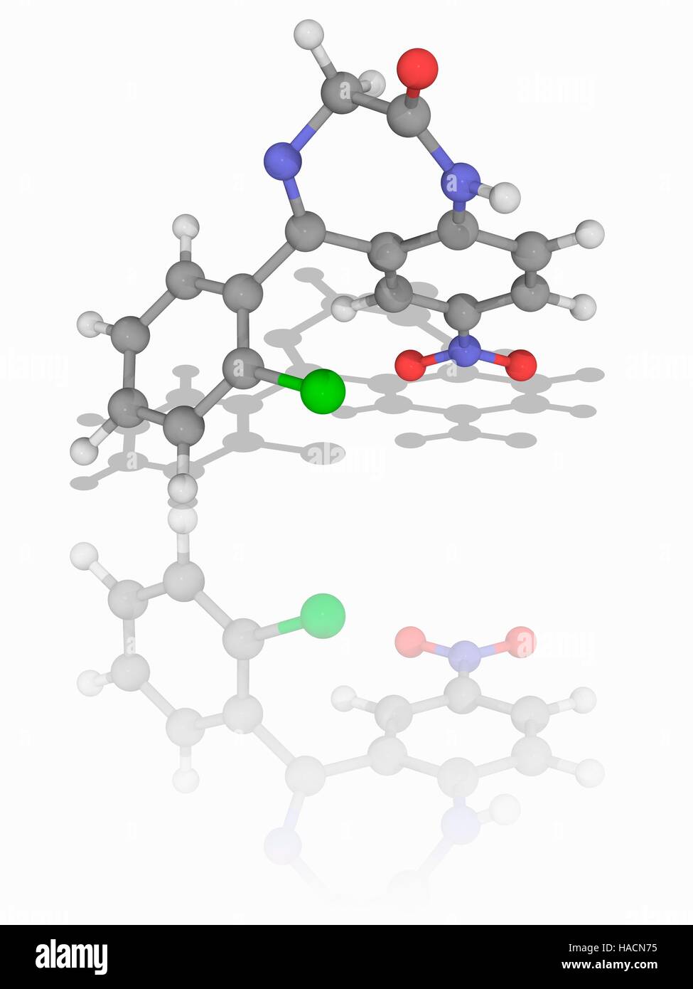 Clonazepam. Molecular model of the benzodiazepine drug clonazepam (C15 ...