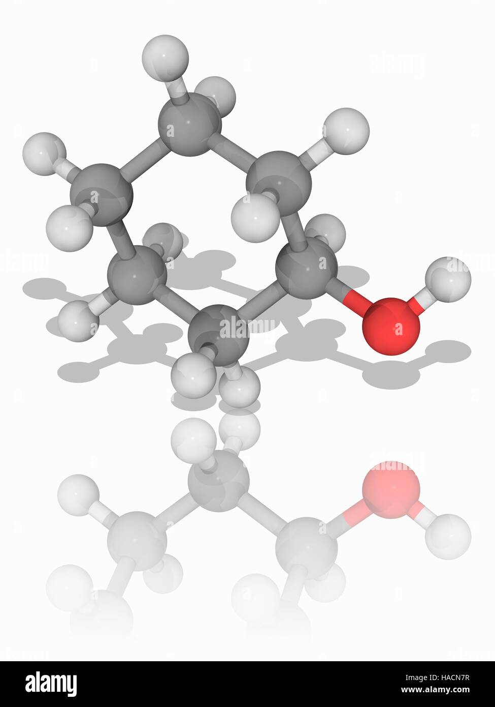 Cyclohexanol. Molecular model of the organic compound cyclohexanol (C6 ...