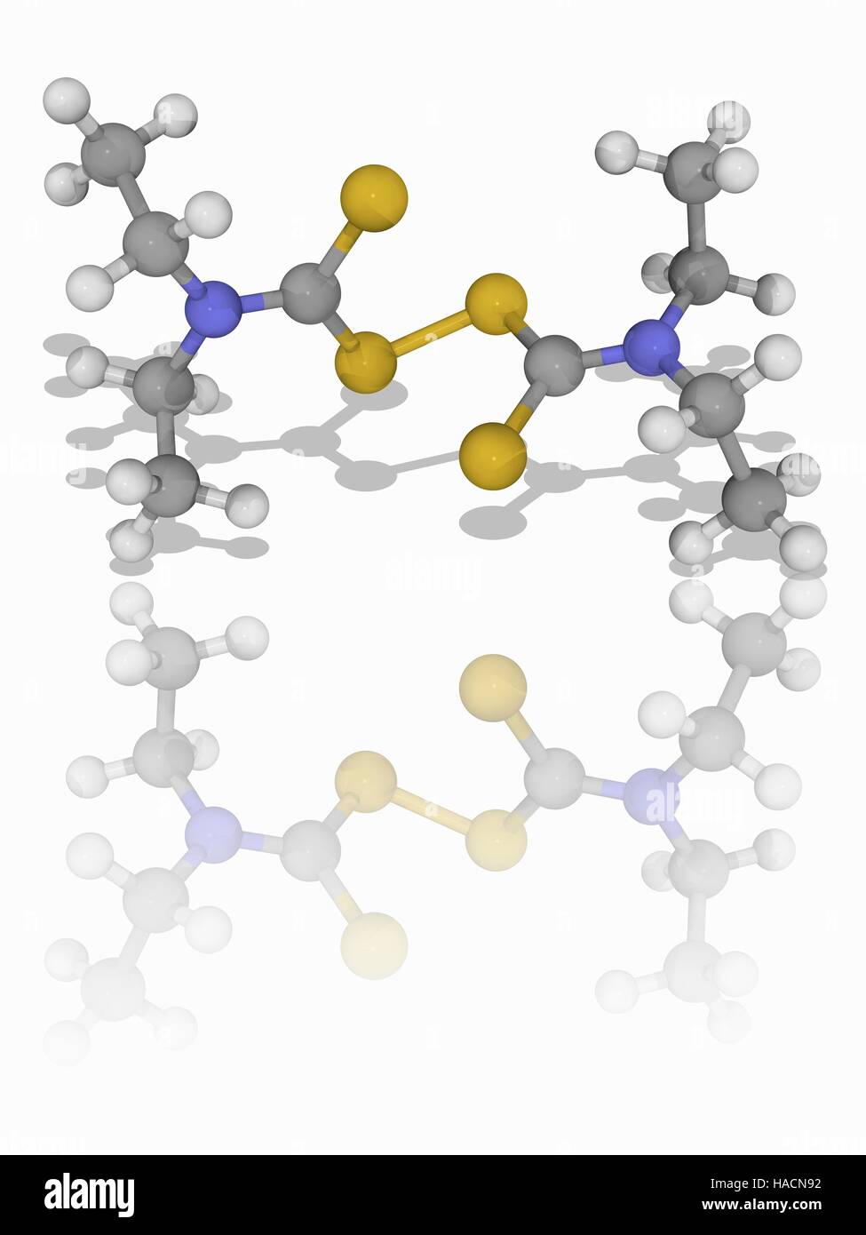 Disulfiram. Molecular model of the drug disulfiram (C10.H20.N2.S4 ...
