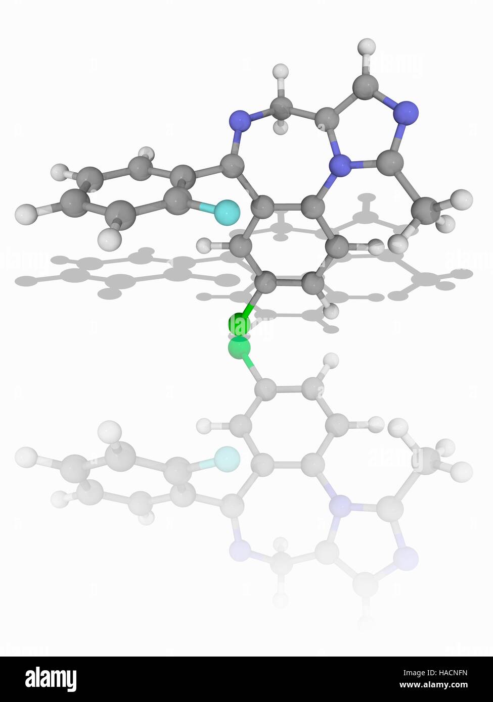Midazolam. Molecular model of the benzodiazepine drug midazolam (C18 ...