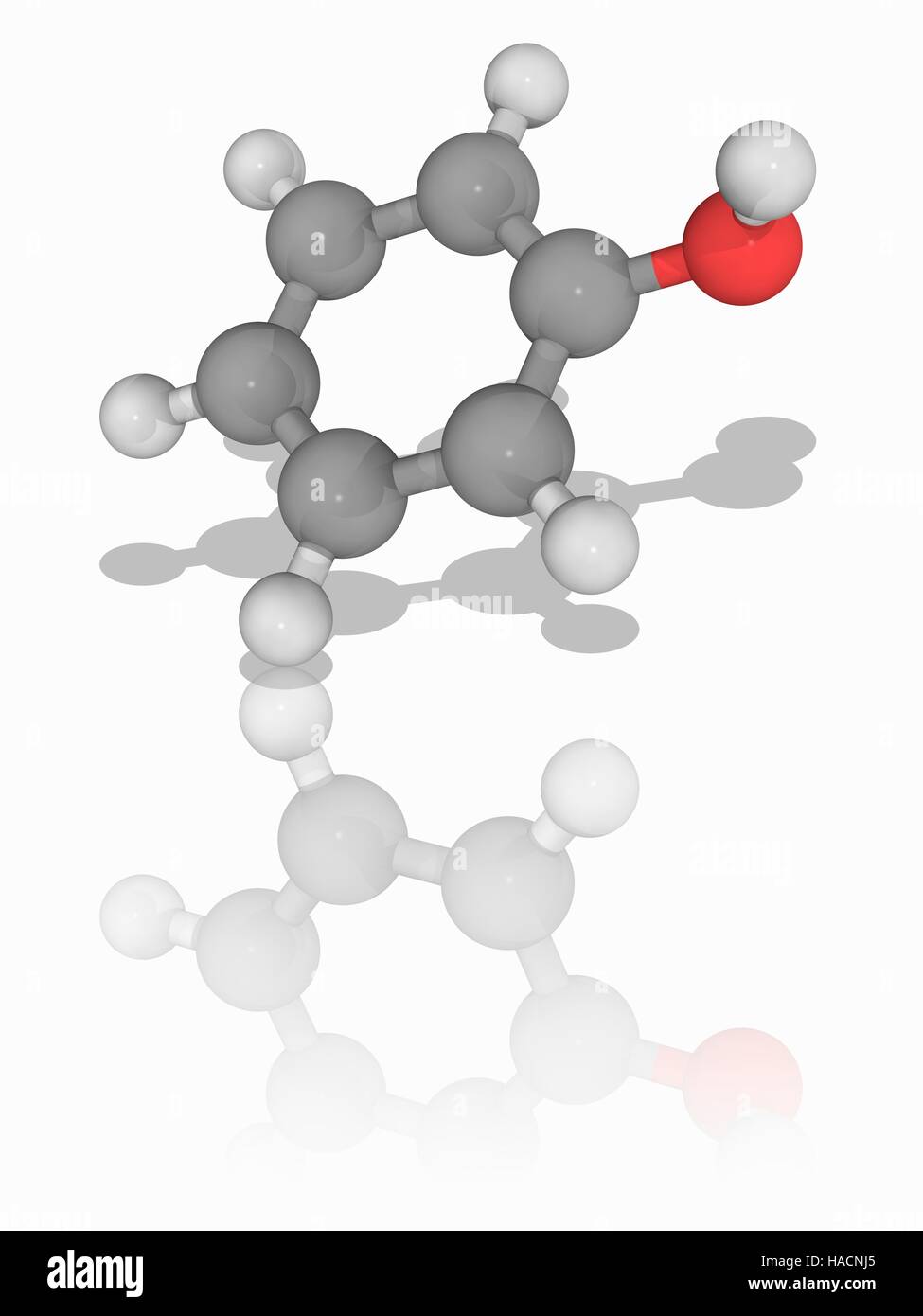 Phenol. Molecular model of the aromatic organic compound phenol (C6.H6 ...