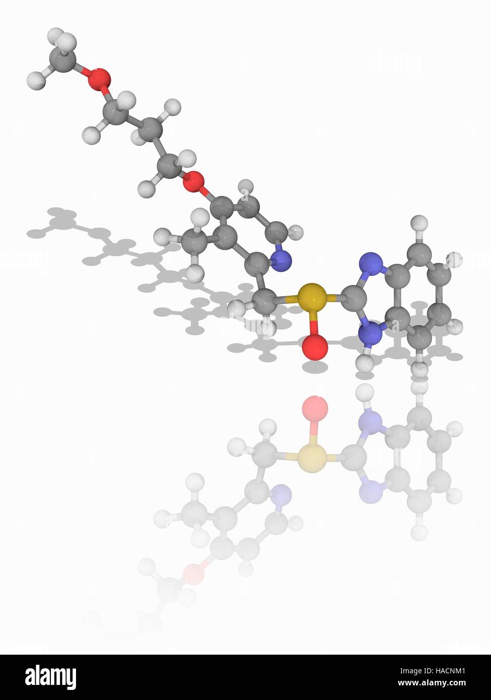 Rabeprazole. Molecular model of the drug rabeprazole (C18.H21.N3.O3.S ...