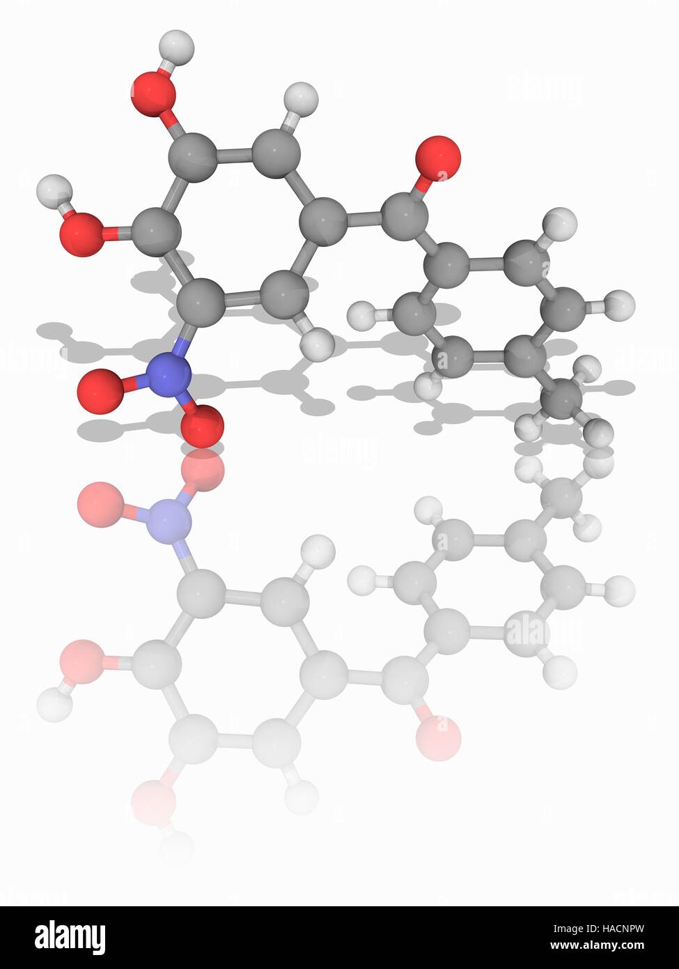 Tolcapone. Molecular model of the drug tolcapone (C14.H11.N.O5), used ...