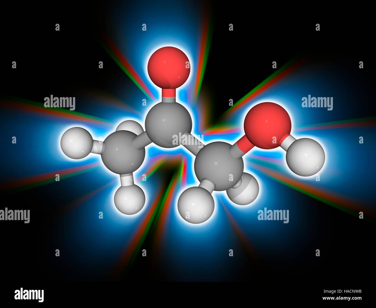 Acetol. Molecular model of the ketone acetol (C3.H6.O2), also known as ...