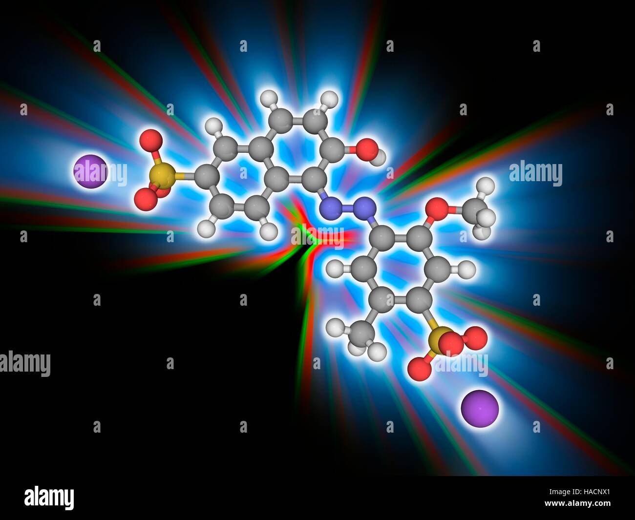 Allura Red AC food dye. Molecular model of the red azo compound Allura ...