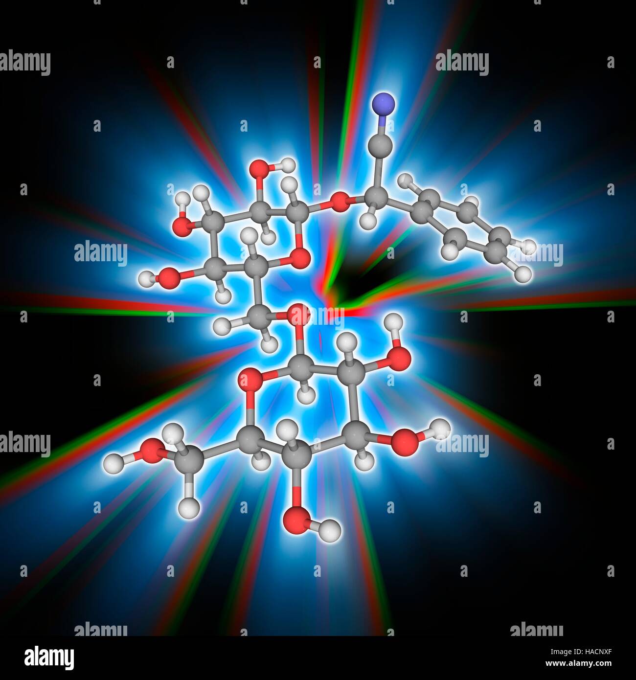 Amygdalin. Molecular model of the glycoside amygdalin (C20.H27.N.O11 ...