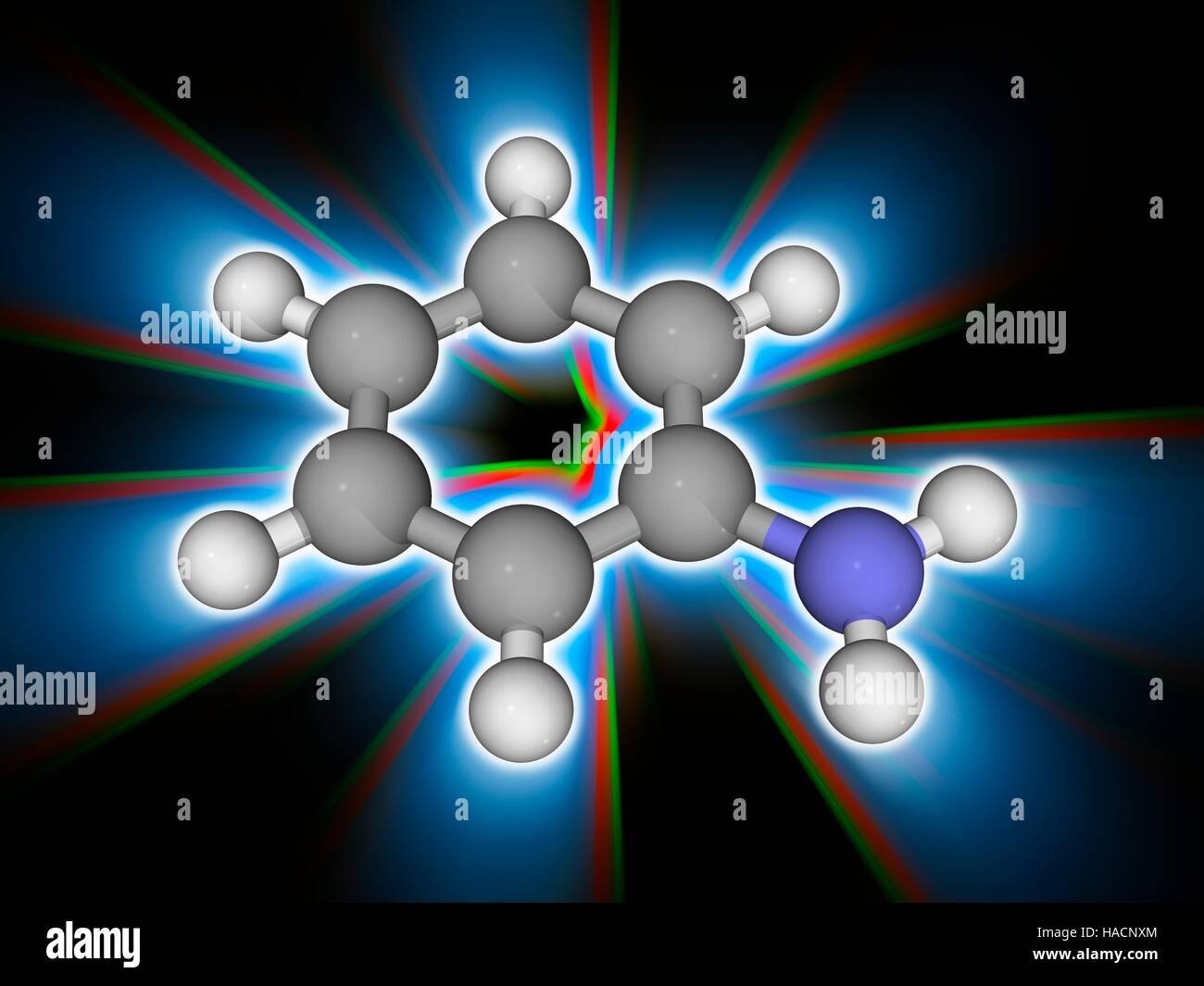 Aniline. Molecular model of the aromatic amine aniline (C6.H5.N.H2 ...