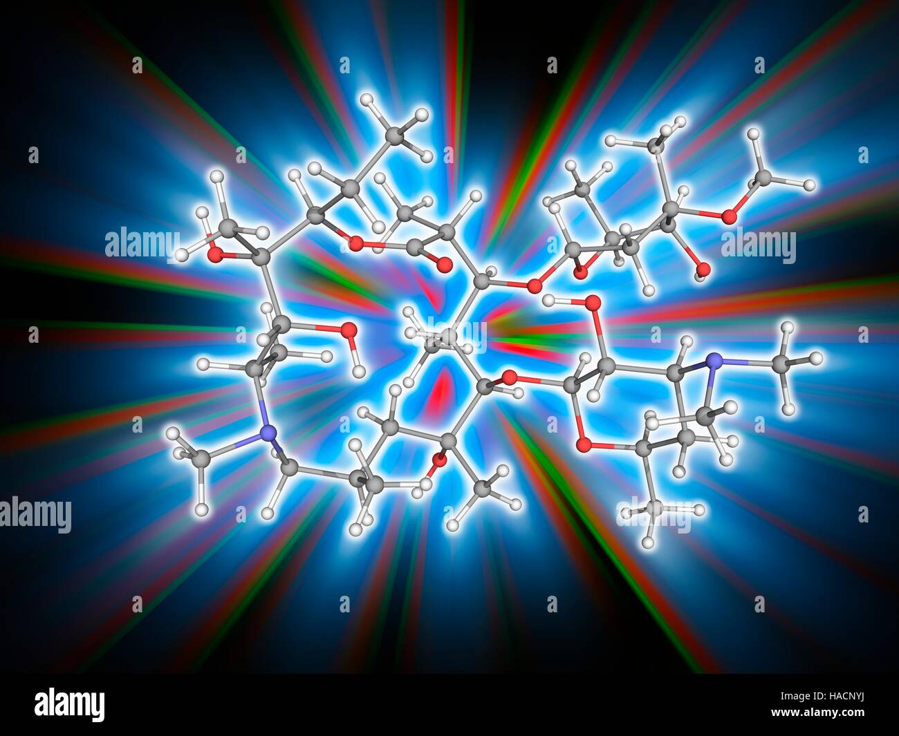 Azithromycin. Molecular model of the antibiotic drug azithromycin (C38 ...