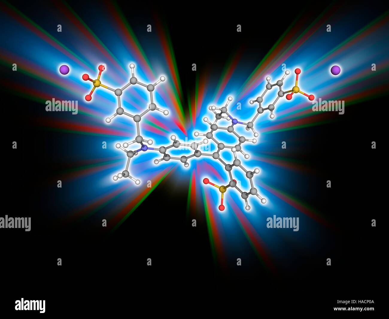 Brilliant Blue FCF. Molecular model of the synthetic dye Brilliant Blue ...