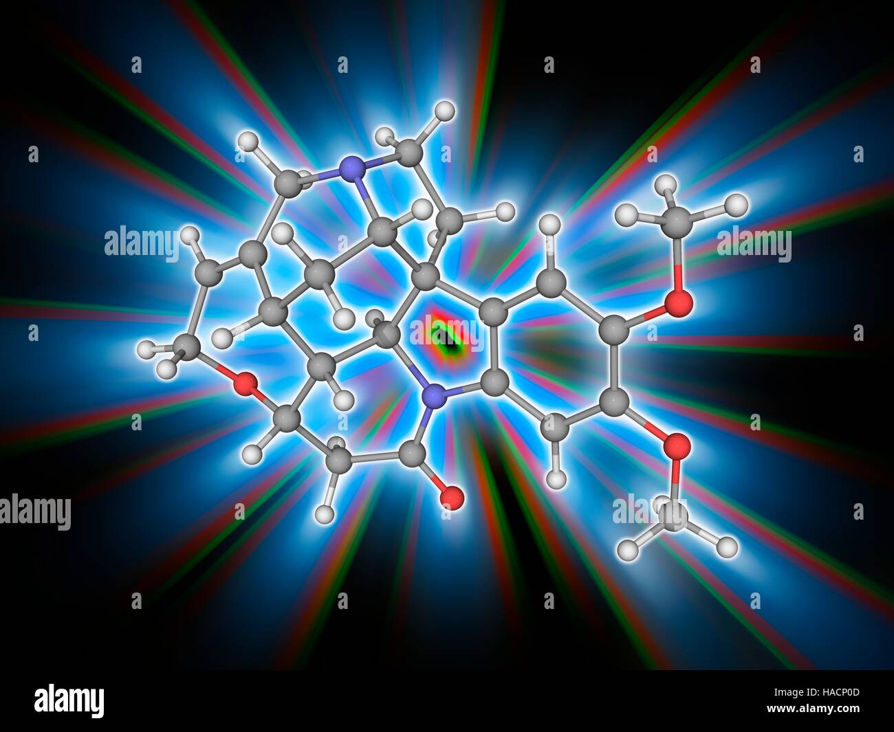 Brucine. Molecular model of the alkaloid brucine (C23.H26.N2.O4), a ...