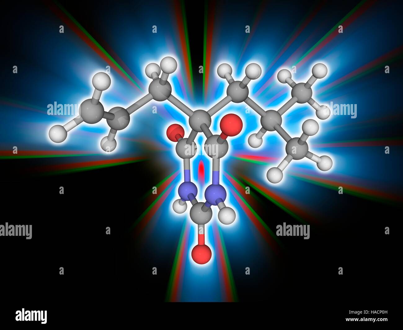 Butalbital. Molecular model of the barbiturate drug butalbital (C11.H16 ...