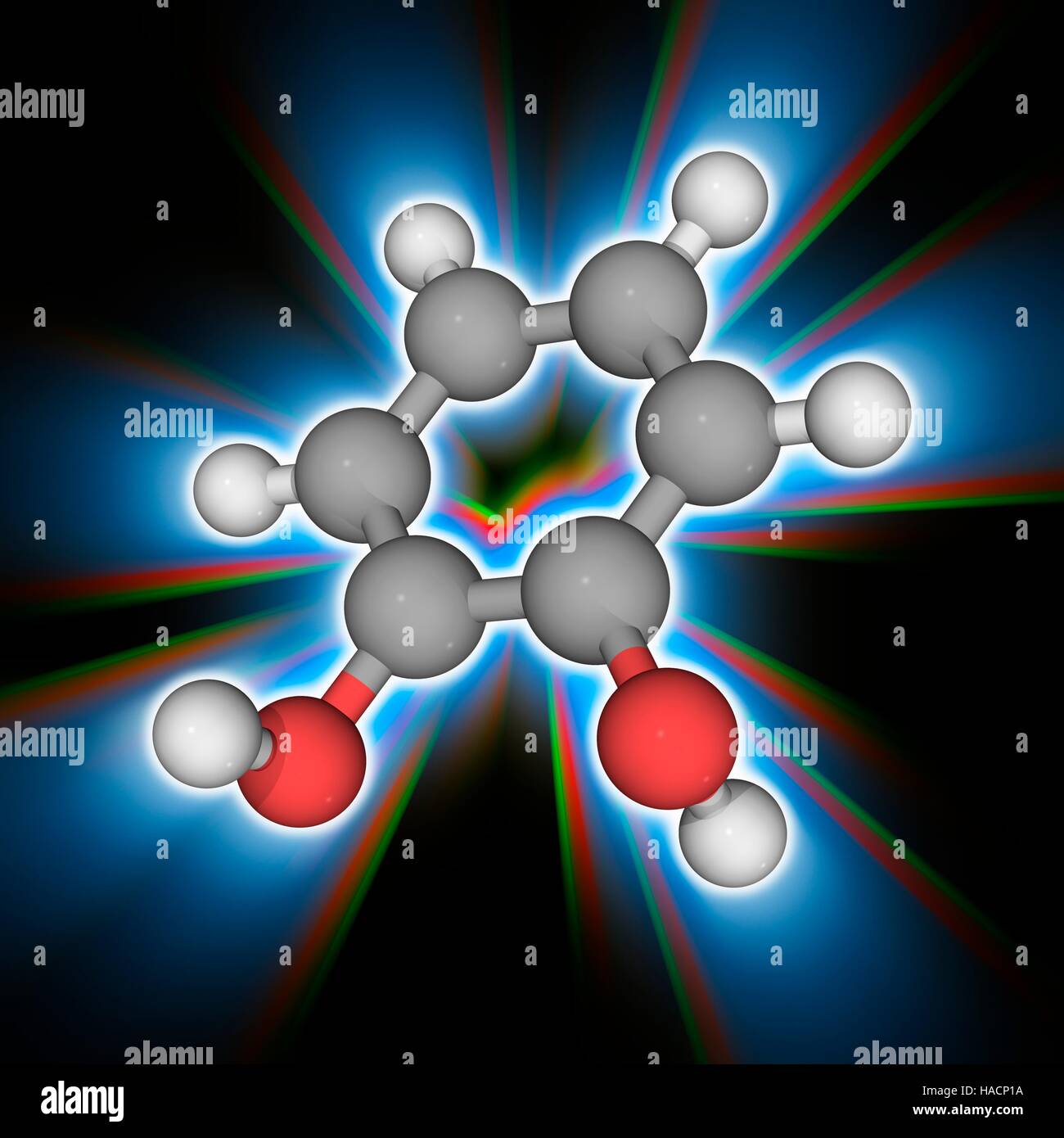Catechol. Molecular model of the aromatic organic compound catechol (C6 ...
