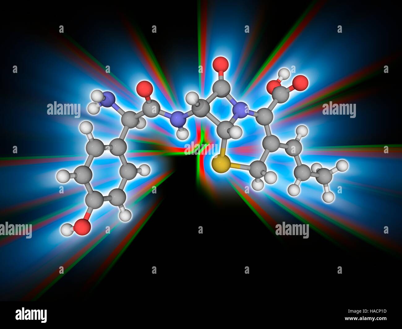 Cefprozil. Molecular model of the antibiotic drug cefprozil (C18.H19.N3 ...