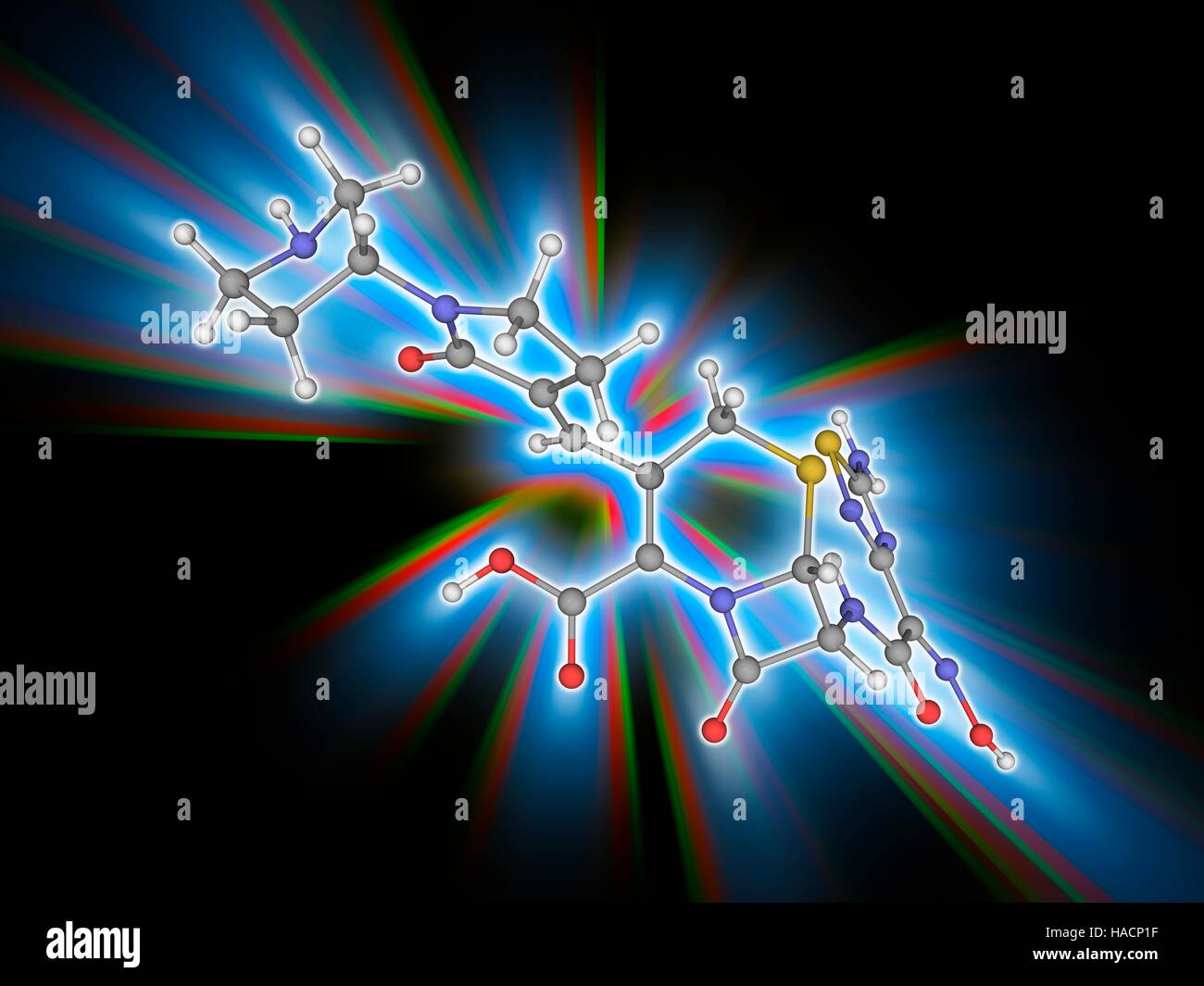 Ceftobiprole. Molecular model of the antibiotic drug ceftobiprole (C20 ...