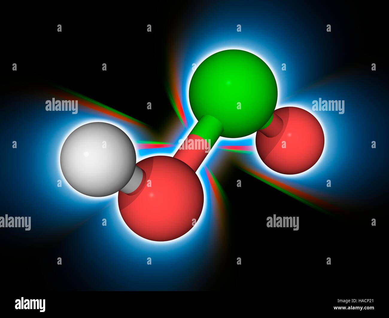 Chlorous acid. Molecular model of the inorganic compound, weak acid and ...