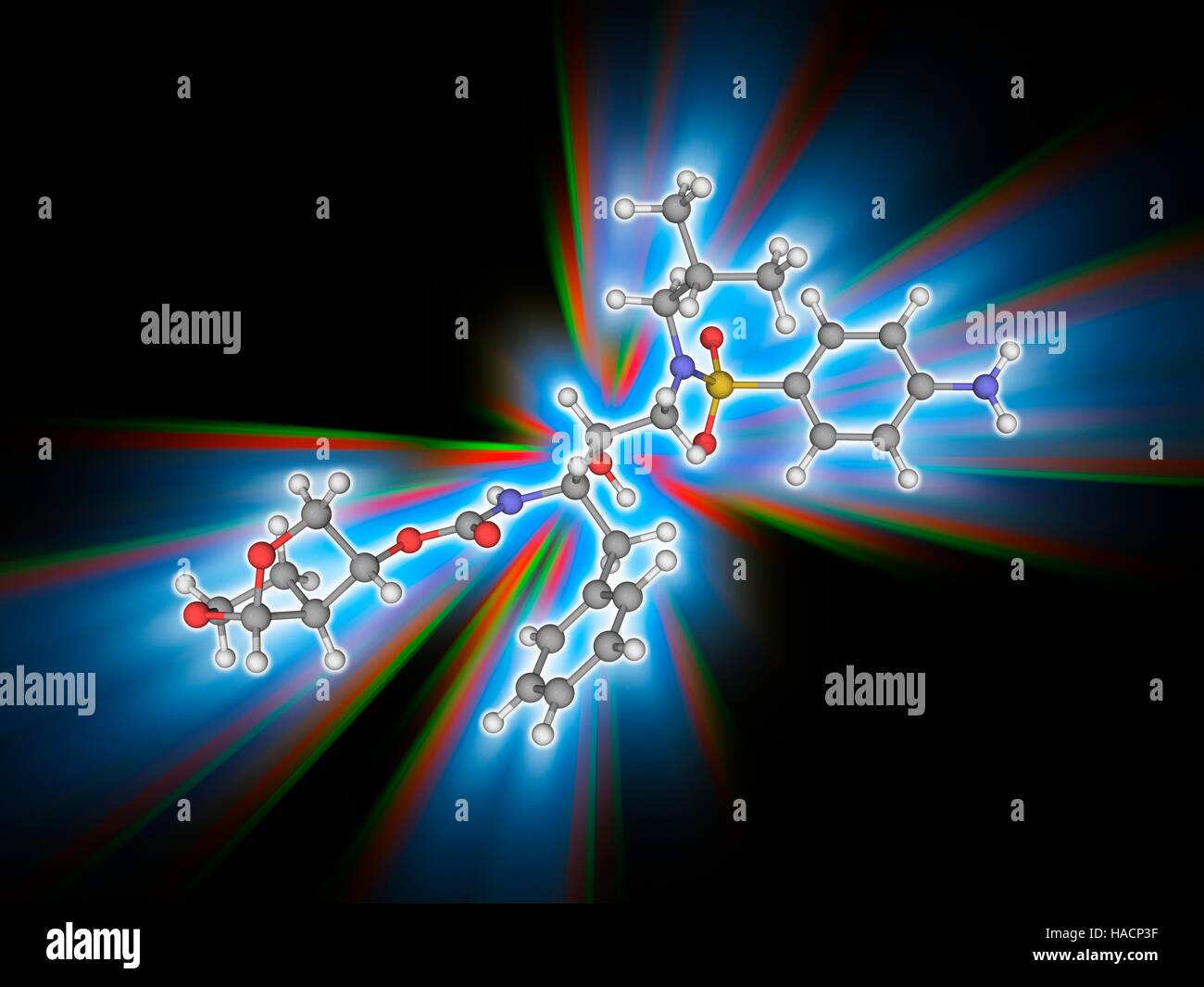 Darunavir. Molecular model of the drug darunavir (C27.H37.N3.O7.S ...