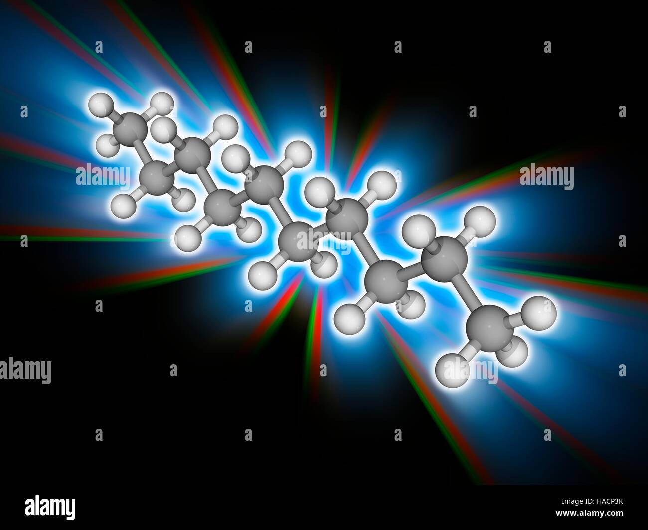 Decane. Molecular model of the straight-chain alkane hydrocarbon decane ...
