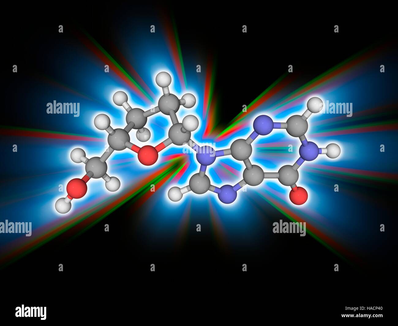 Didanosine. Molecular model of the drug didanosine (C10.H12.N4.O3), a ...