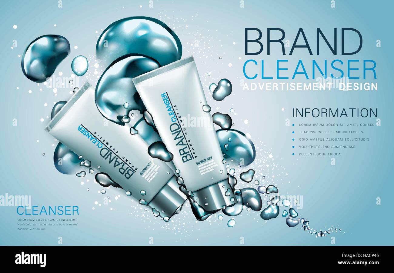 facial cleanser ad, contained in two white tubes, light blue background ...