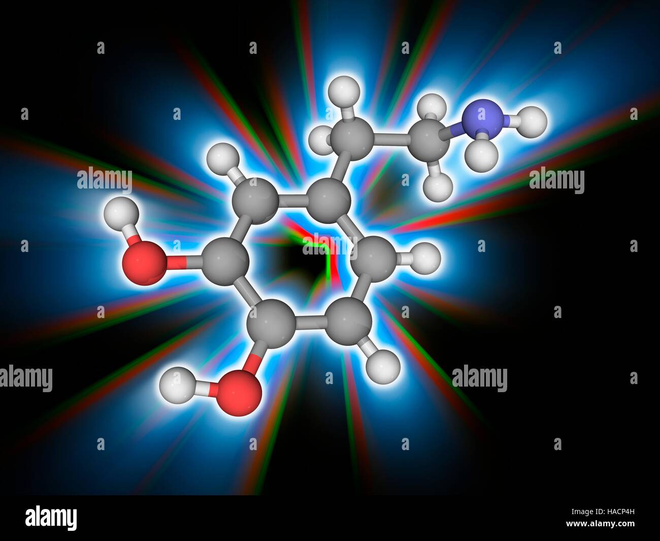Dopamine. Molecular model of the organic compound domain (C8.H11.N.O2 ...