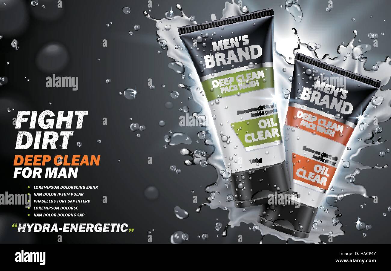 man's deep clean face wash ad, black background and water, 3d ...