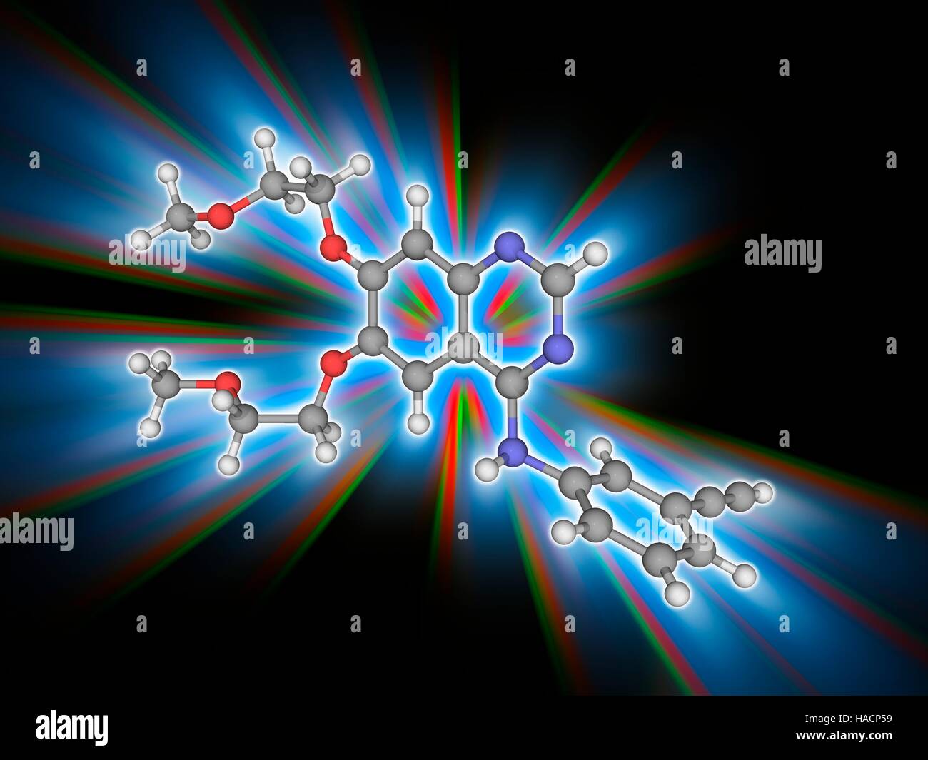 Erlotinib. Molecular model for the chemotherapy drug erlotinib (C22.H23 ...