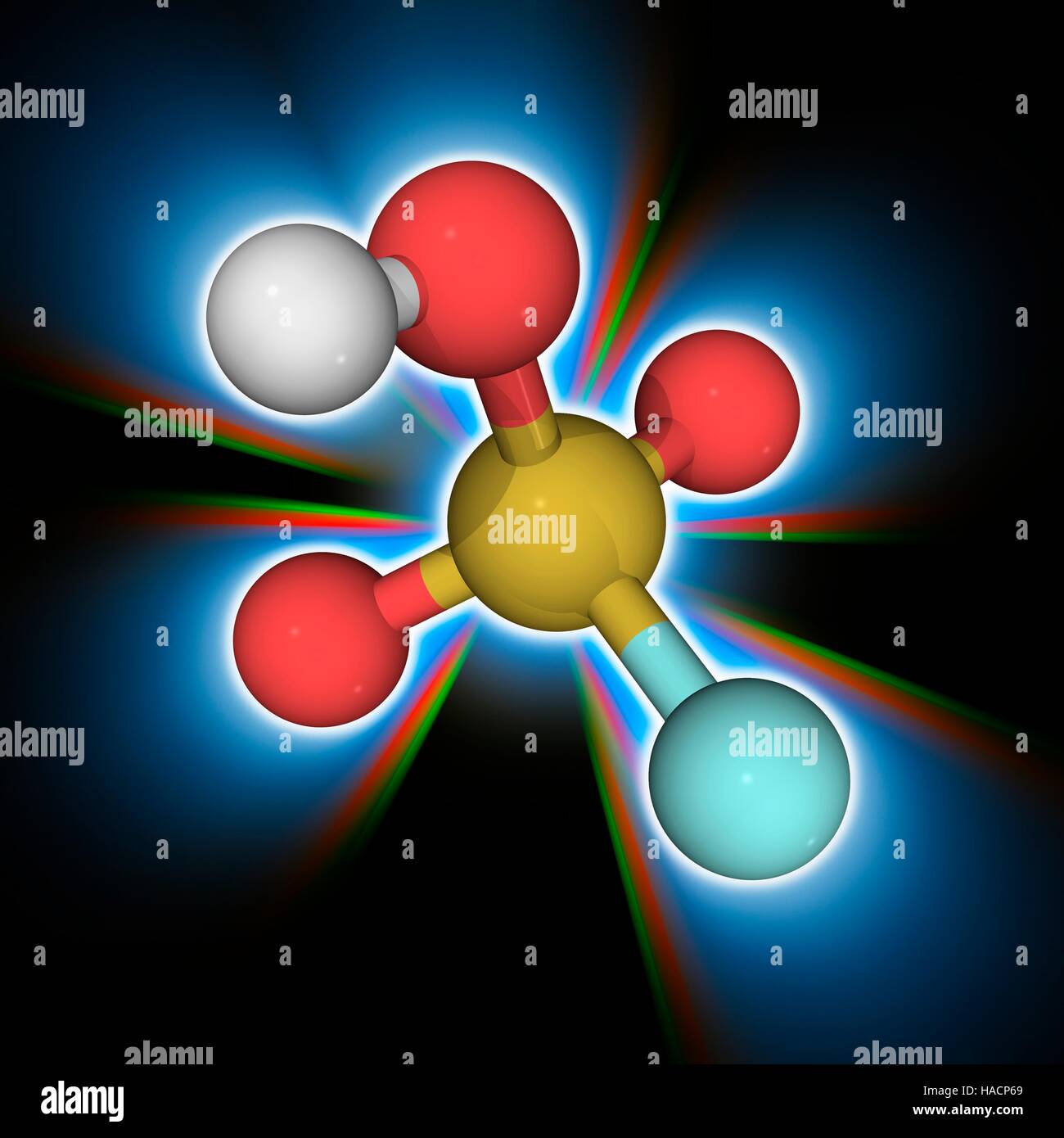 Fluorosulphuric acid. Molecular model of the superacid fluorosulphuric ...