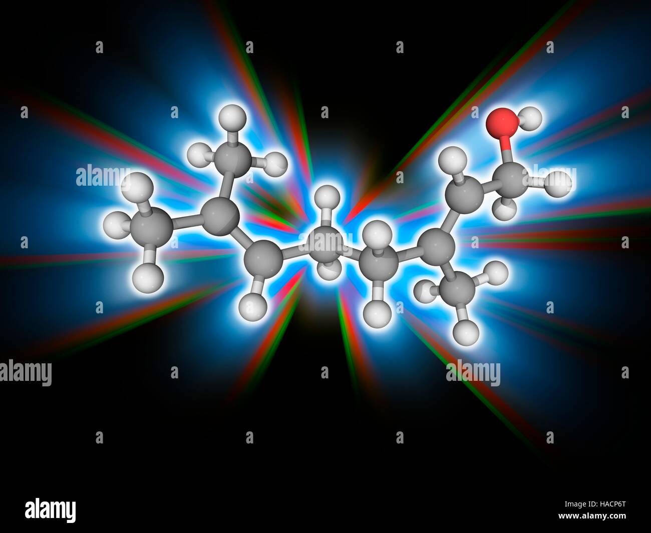 Geraniol. Molecular model of the monoterpenoid alkene alcohol geraniol ...