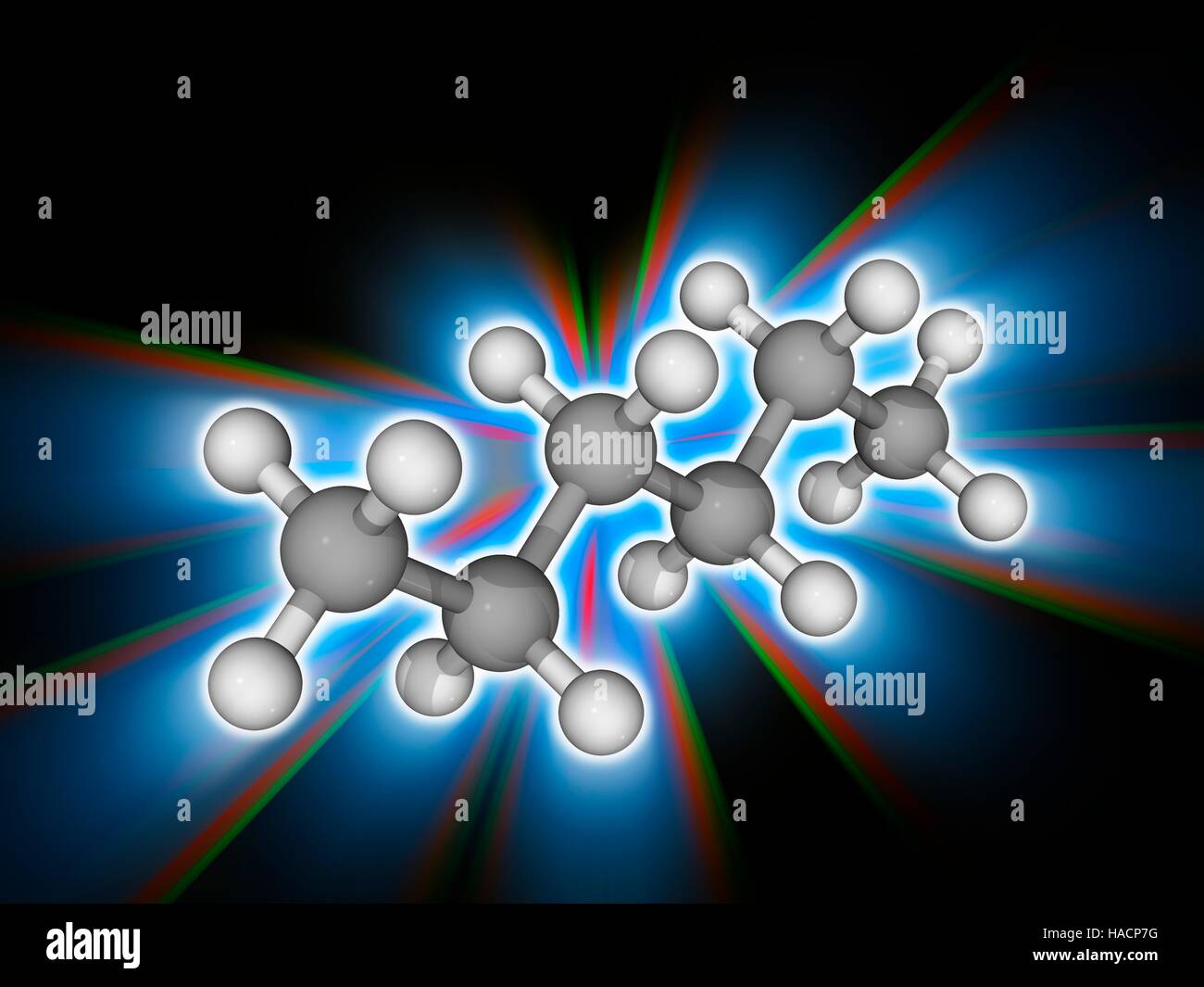 Hexane. Molecular model of the straight-chain alkane hydrocarbon hexane ...
