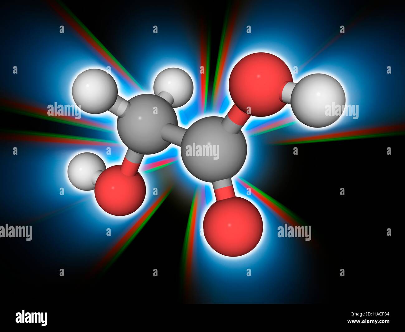 Hydroxyacetic acid. Molecular model of the hydroxyacetic acid (C2.H4.O3 ...