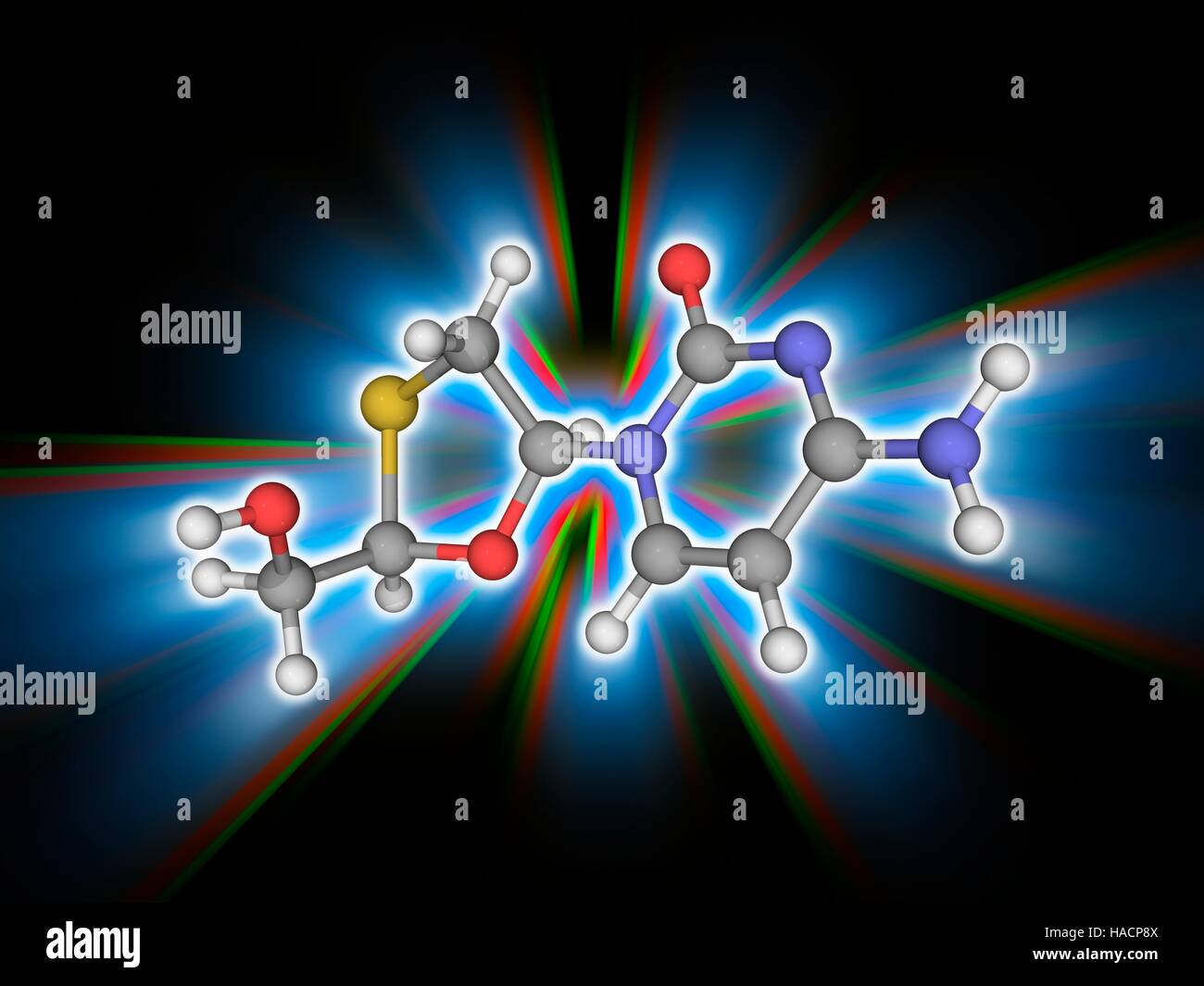 Lamivudine. Molecular model of the drug lamivudine (C8.H11.N3.O3.S), a ...