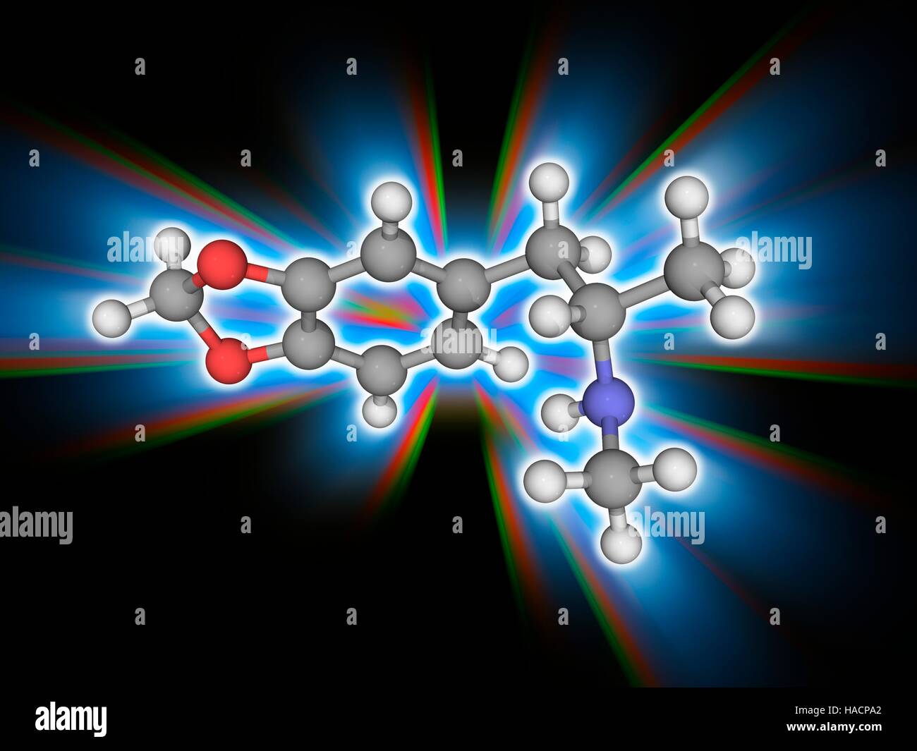 MDMA (ecstasy), molecular model. Ecstasy. Molecular model of the drug 3 ...