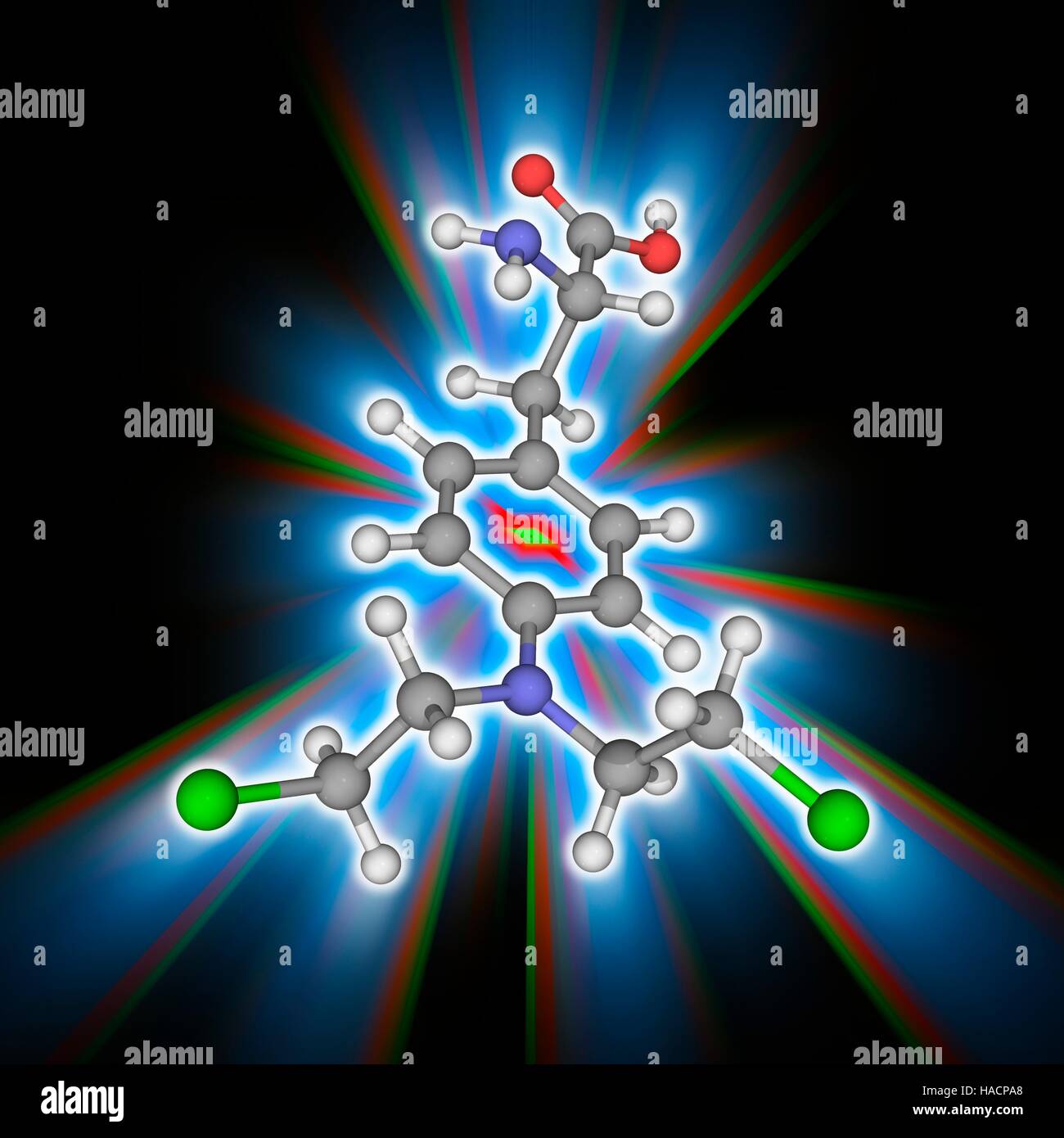 Melphalan. Molecular model of the chemotherapy drug melphalan (C13.H18 ...