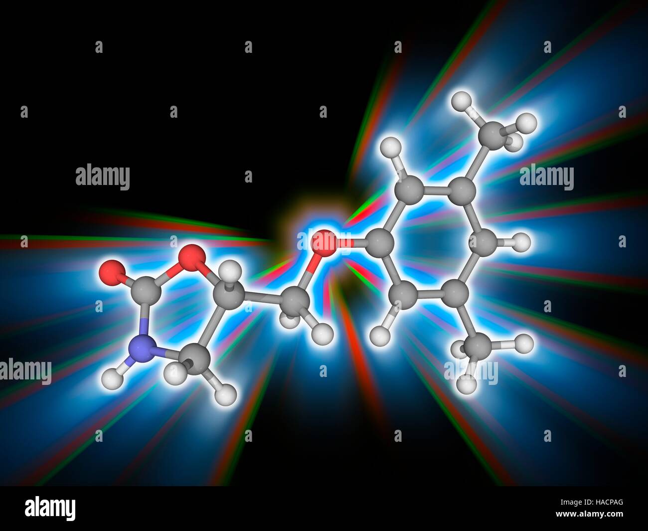 Metaxalone. Molecular model of the drug metaxalone (C12.H15.N.O3), used ...