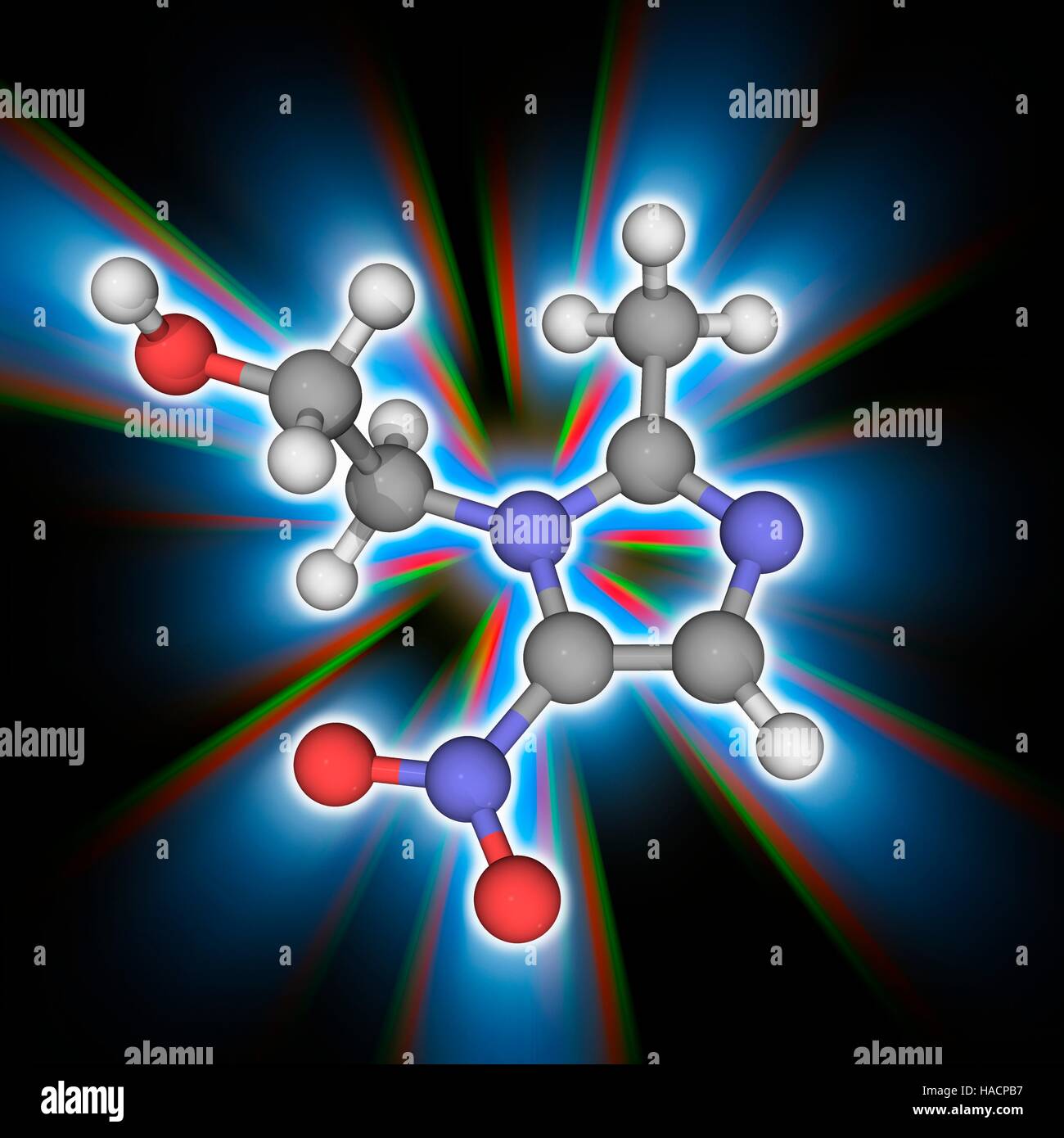 Metronidazole. Molecular model of the drug metronidazole (C6.H9.N3.O3 ...