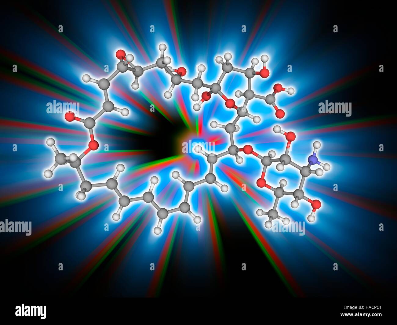Natamycin. Molecular model of the chemical natamycin (C33.H47.N.O13 ...
