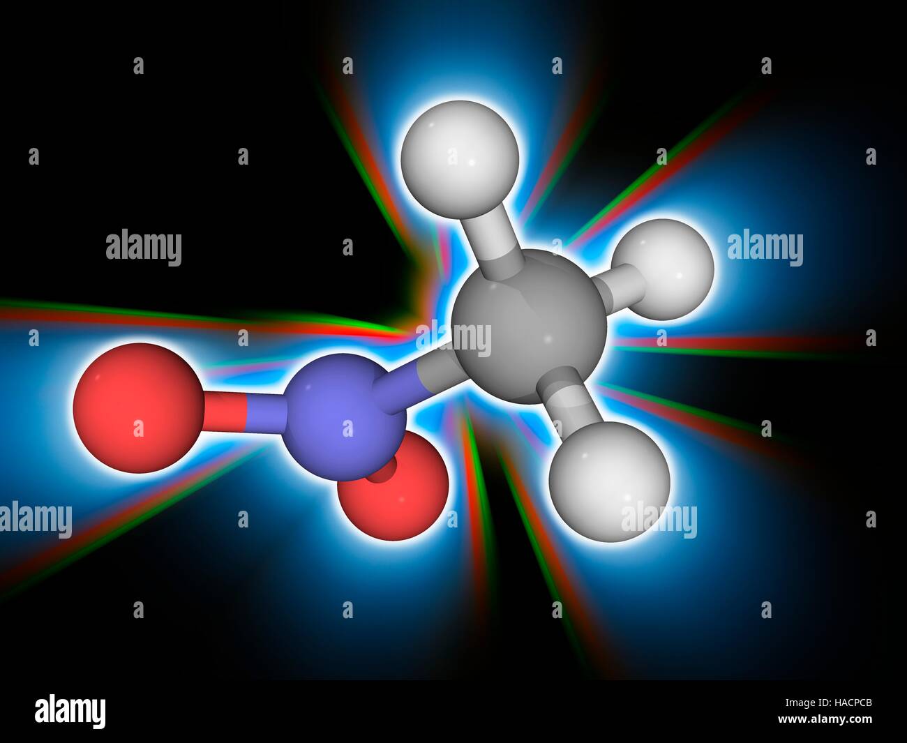 Nitromethane. Molecular model of the organic compound nitromethane (C ...