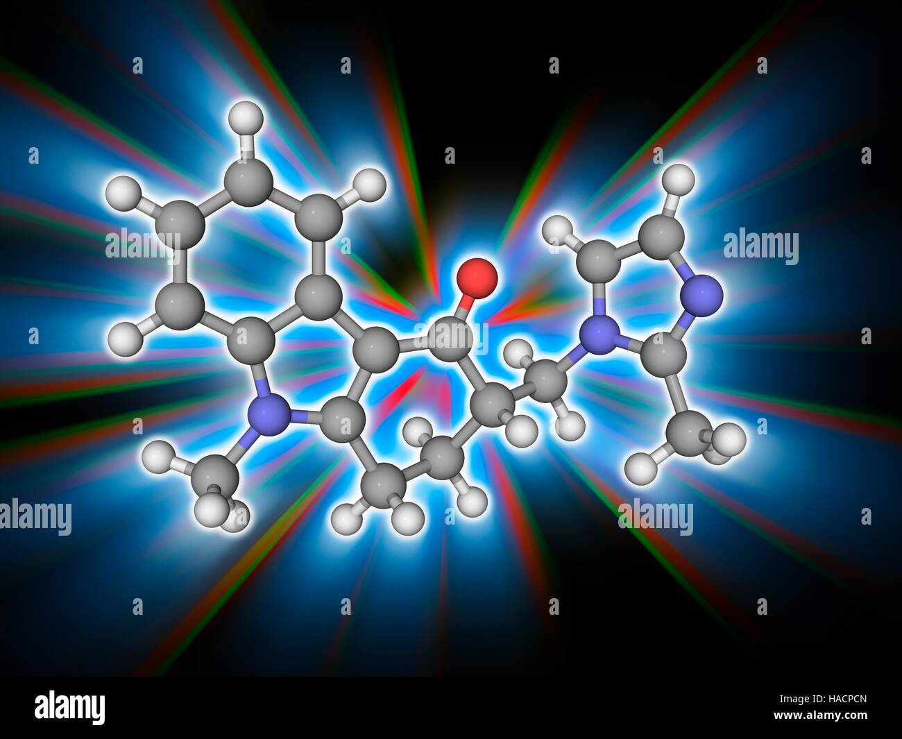 Ondansetron. Molecular model of the drug ondansetron (C18.H19.N3.O), a ...