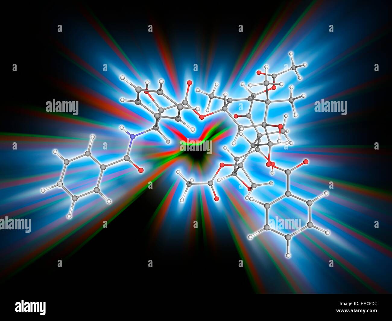 Paclitaxel. Molecular model of the drug paclitaxel (C47.H51.N.O14), a ...