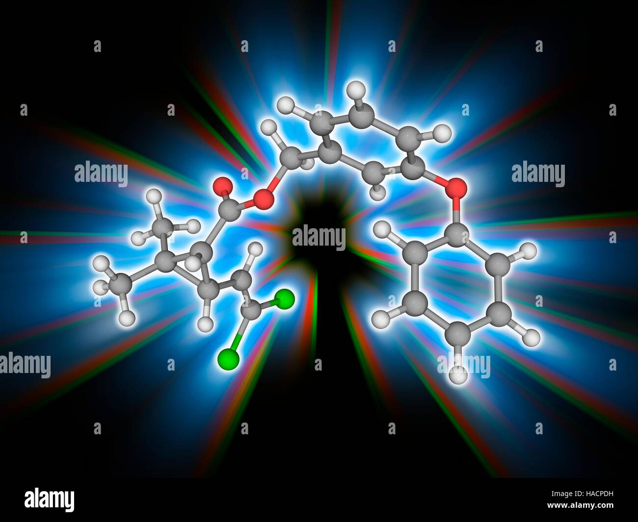 Permethrin. Molecular model of permethrin (C21.H20.Cl2.O3), a synthetic ...