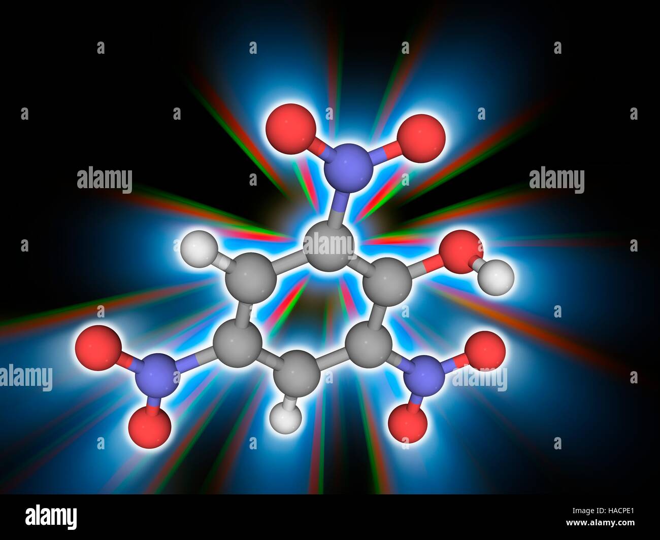 Picric acid. Molecular model of the phenol picric acid (C6.H3.N3.O7 ...