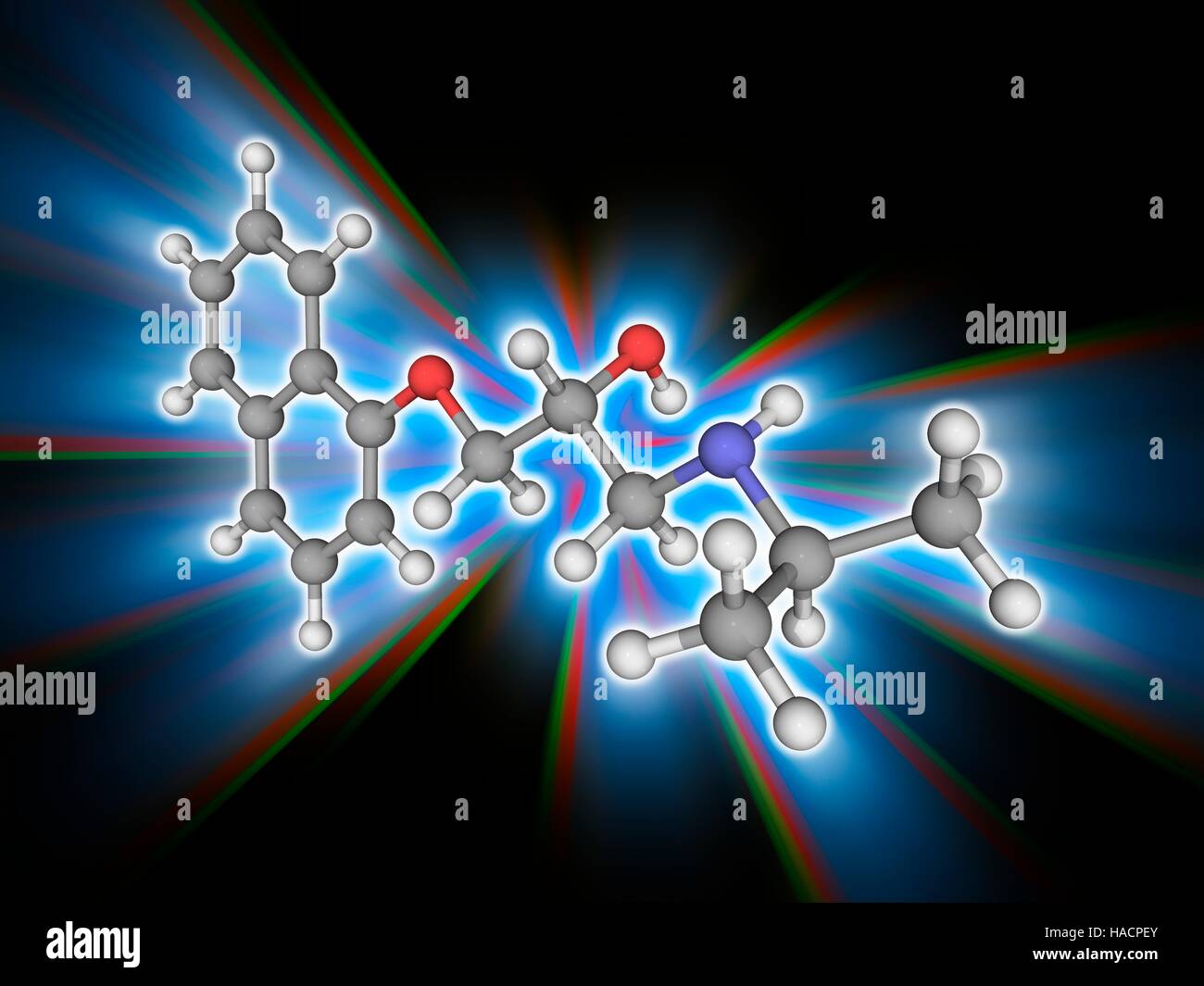 Propanolol. Molecular model of the drug propanolol (C16.H21.N.O2), a ...