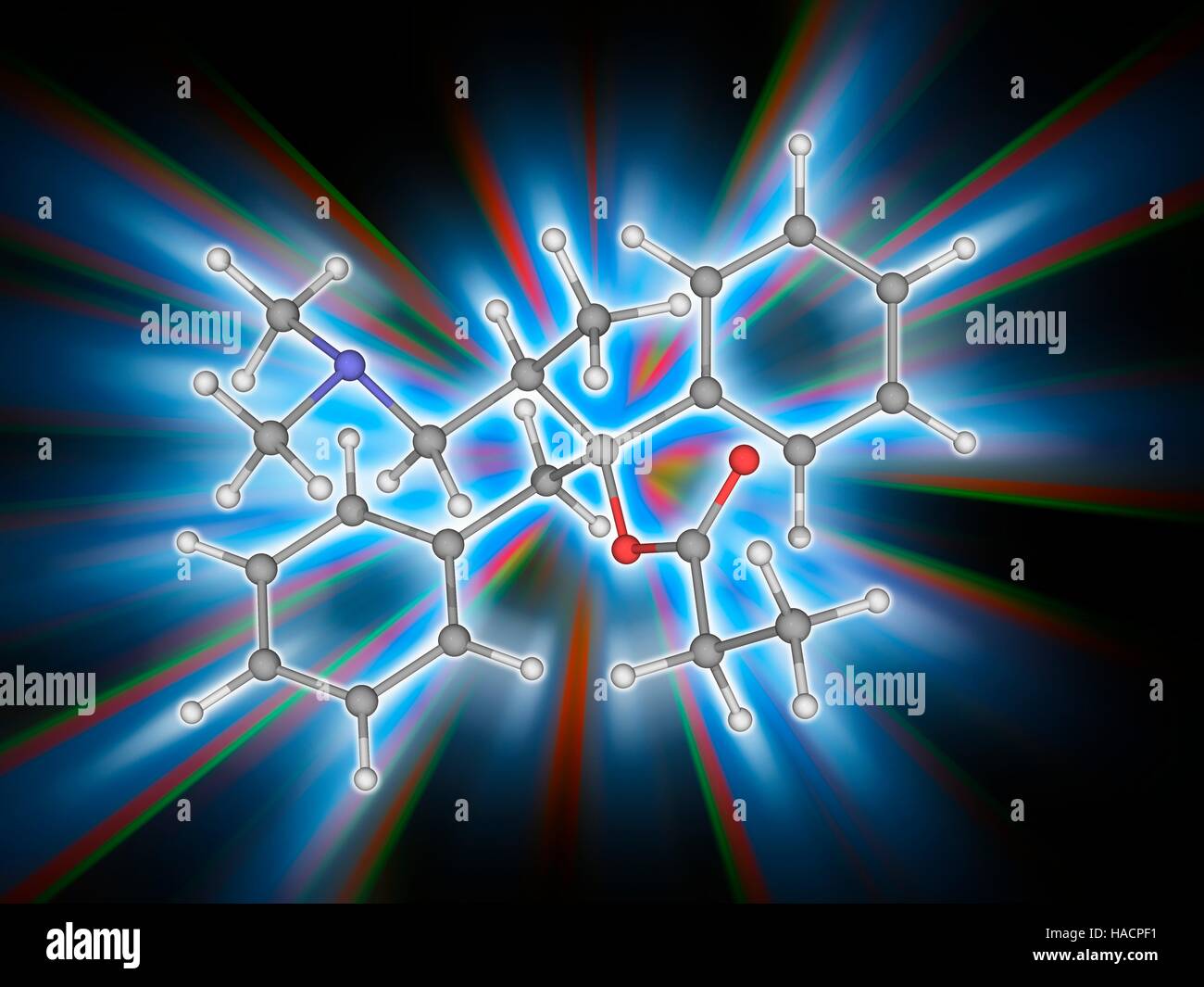Dextropropoxyphene. Molecular model of the drug dextropropoxyphene (C22 ...
