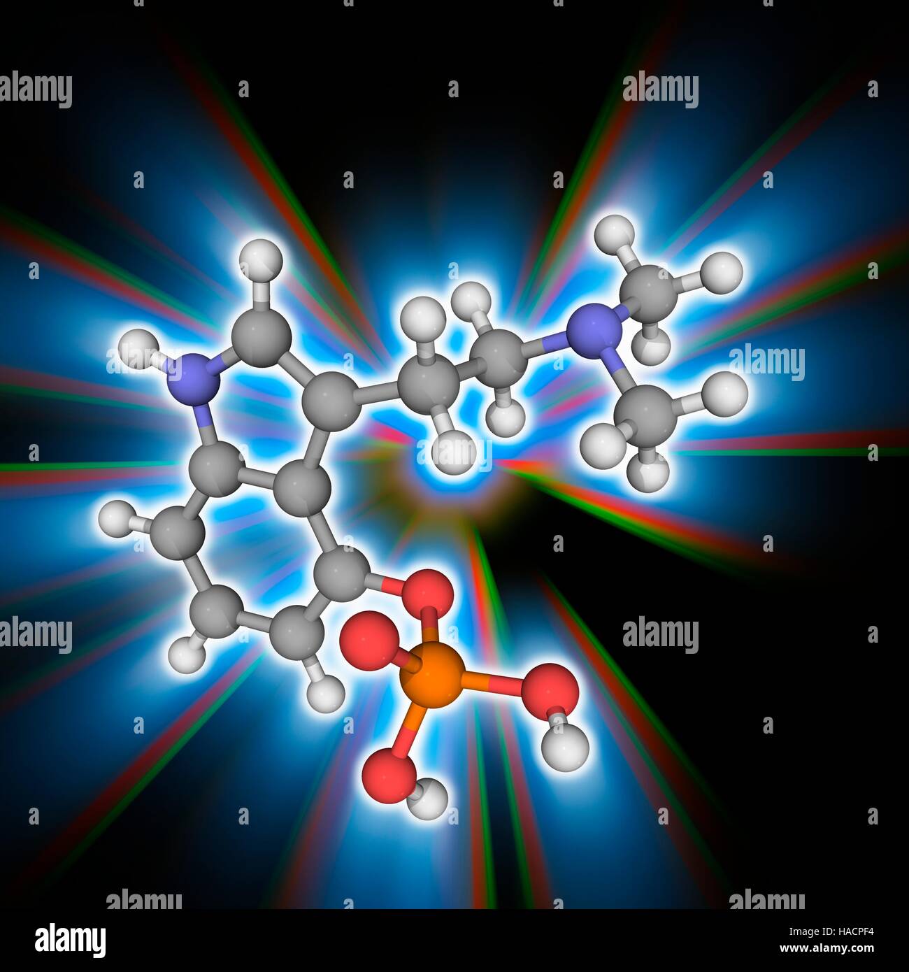 Psilocybine. Molecular model of psilocybine (C12.H17.N2.O4.P), a ...